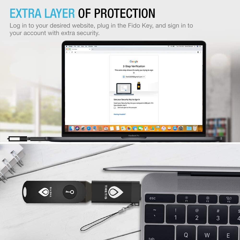 Thetis FIDO2 Security Key - Passkey, USB-A & USB Type C Adapter